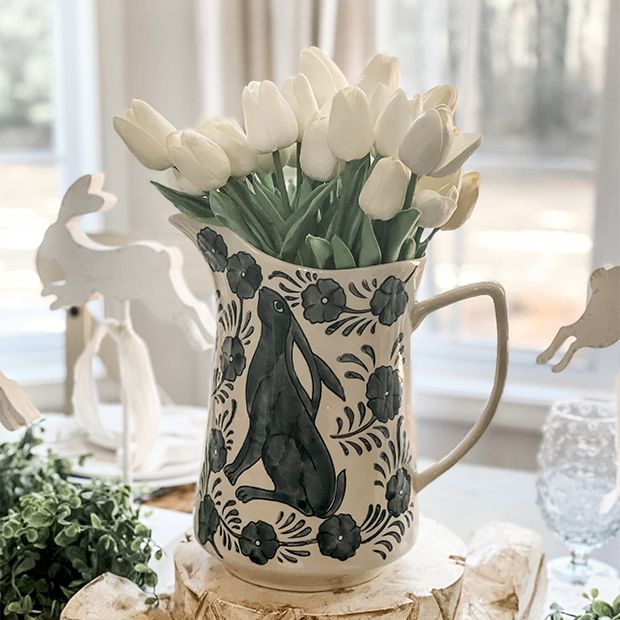 Hand Painted Rabbit And Flowers Pitcher | Antique Farmhouse