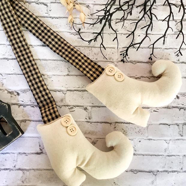 Hanging Checkered Witch Boots Halloween Decor | Antique Farmhouse