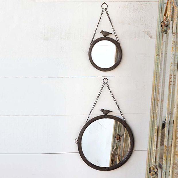 Hanging Round Metal Mirror With Bird Set of 2 | Antique Farmhouse
