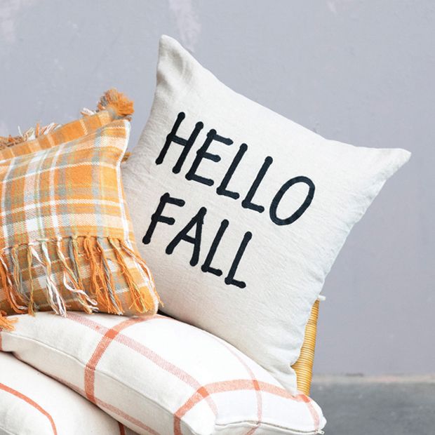 Hello Fall Embroidered Linen Accent Pillow | Antique Farmhouse