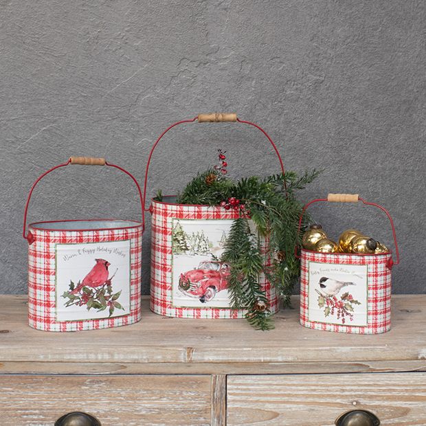 Holiday Plaid Bucket Set of 3 | Antique Farmhouse