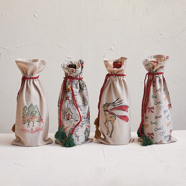 Holiday Print Drawstring Wine Bag Set of 4 | Antique Farmhouse