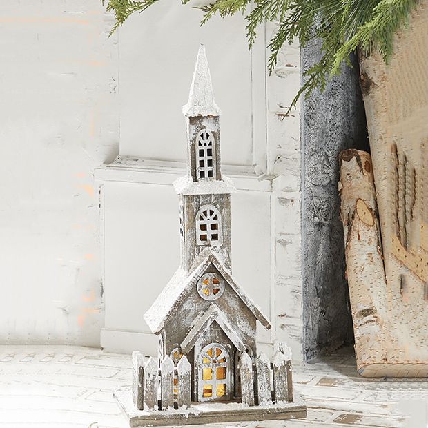 Lighted Wood Village Church 22 Inch | Antique Farmhouse