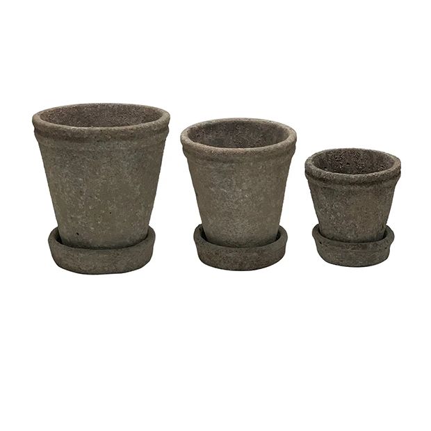 Petite Cement Pots with Saucers Set of 3 Antique Farmhouse