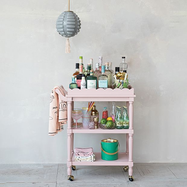 Pink Rolling Bar Cart With Removable Tray | Antique Farmhouse
