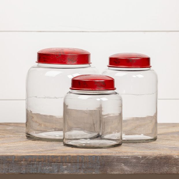 Red Lidded Clear Glass Jar Set of 3 | Antique Farmhouse