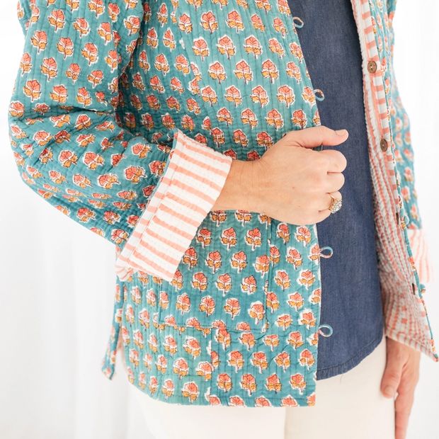 Reversible Turquoise Quilted Block Print Jacket | Antique Farmhouse