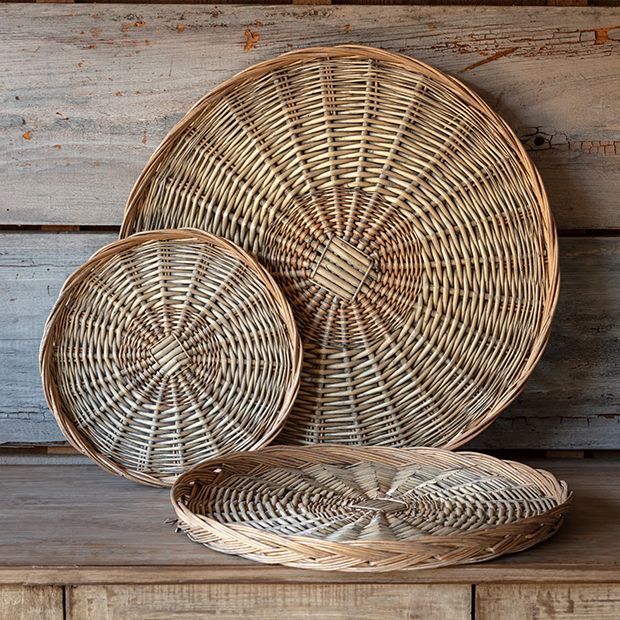 Round Woven Rattan Basket Tray Set of 3 | Antique Farmhouse