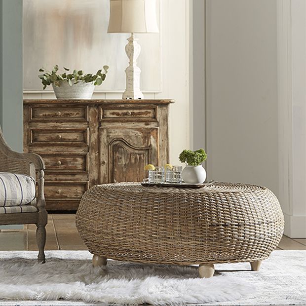 Round Woven Rattan Ottoman Antique Farmhouse