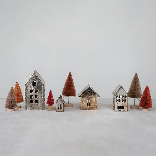 Rustic Antiqued Metal Village House Collection Set of 3 | Antique Farmhouse