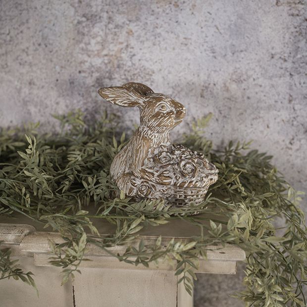 Rustic Bunny with Basket Figure | Antique Farmhouse