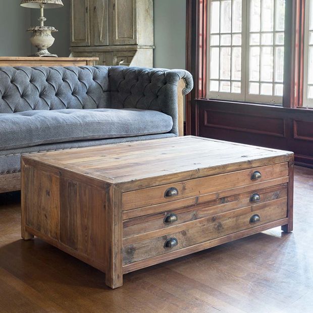 Rustic Farmhouse Map Drawer Coffee Table | Antique Farmhouse