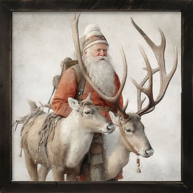 Rustic Framed Old World Santa With Reindeer Wall Art | Antique Farmhouse