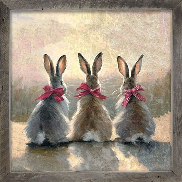 Rustic Framed Pink Bowed Bunnies Wall Art | Antique Farmhouse