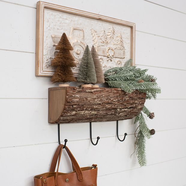 Rustic Log Shelf With Hooks | Antique Farmhouse