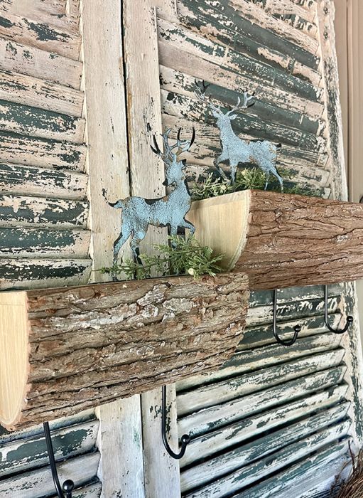 Rustic Log Shelf With Hooks | Antique Farmhouse