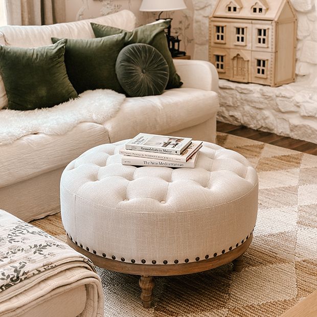Rustic Round Cushion Ottoman | Antique Farmhouse