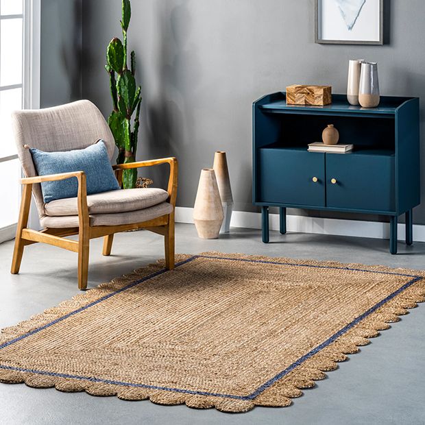 Scalloped Jute Blue Trim Area Rug | Antique Farmhouse