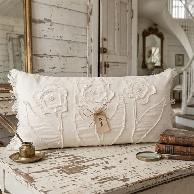 Simply Chic Fringed Floral Pillow with Fabric Tag | Antique Farmhouse