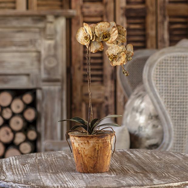 Single Stem Aged Metal Orchid Tabletop Accent | Antique Farmhouse