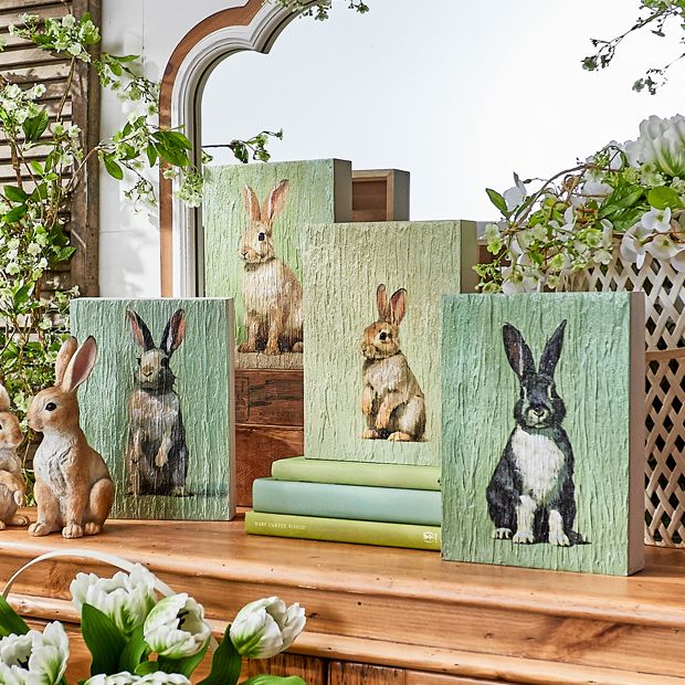 Spring Bunny Wood Block Set of 4 | Antique Farmhouse