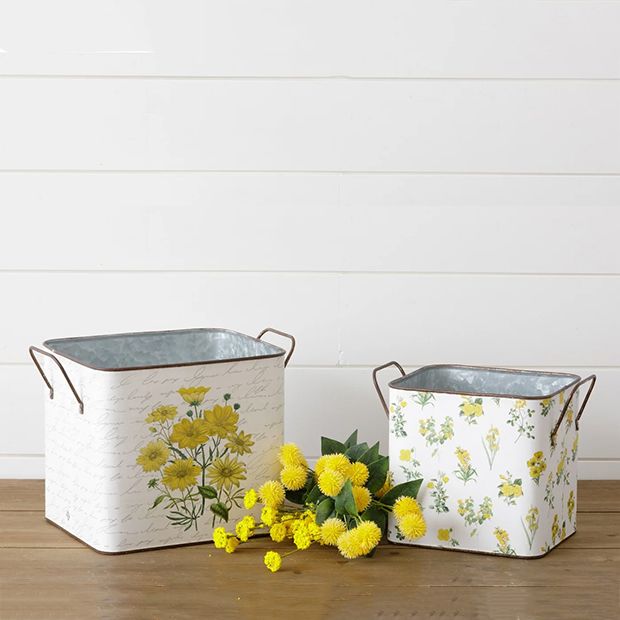 Spring Floral Metal Bucket Set of 2 | Antique Farmhouse