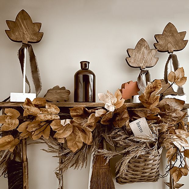 Stained Leaf on Dowel Tabletop Decor Set of 3 | Antique Farmhouse