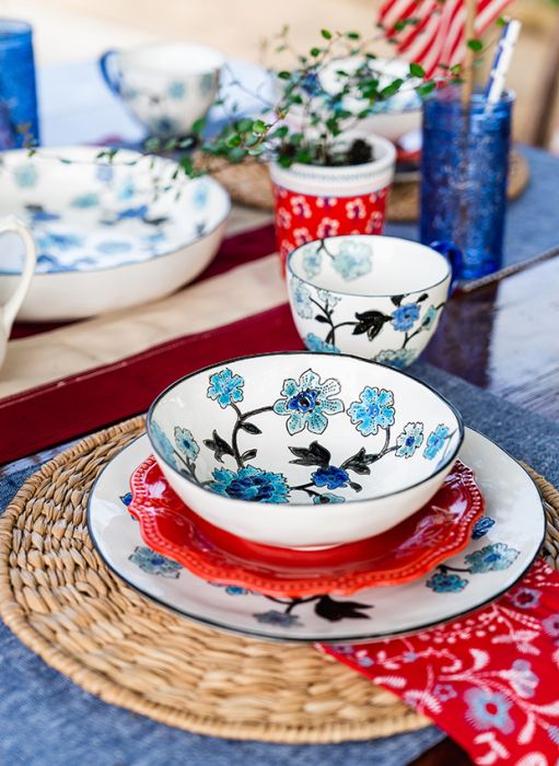 Stamped Blue Floral 16 Piece Stoneware Set | Antique Farmhouse