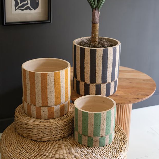 Striped Clay Planter Pot with Tray Set of 3 | Antique Farmhouse