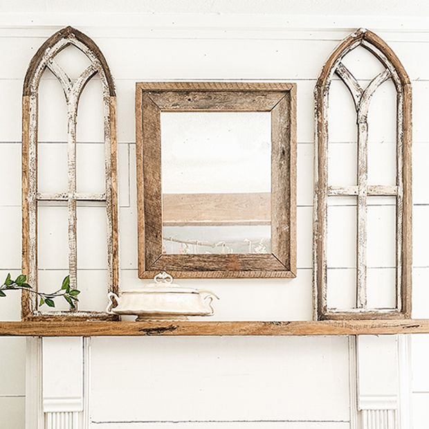 Tall Arched Wooden Window Frame Panel Antique Farmhouse