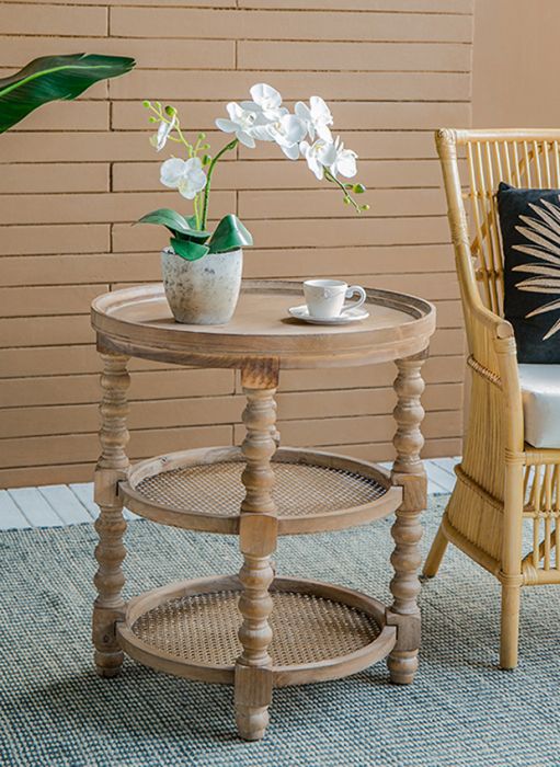 Tiered Round Natural Wood Rattan Side Table | Antique Farmhouse
