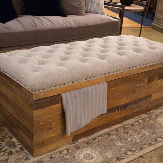 Tufted Cushion Top Wood Storage Bench | Antique Farmhouse