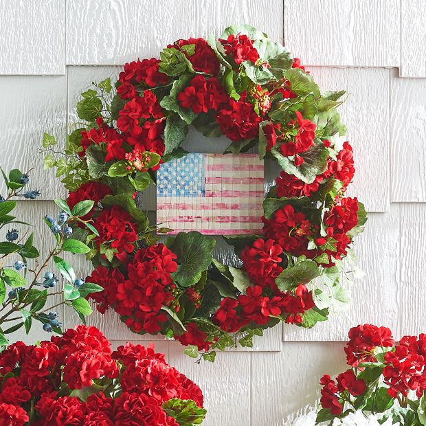 Vibrant Faux Red Geranium Wreath | Antique Farmhouse