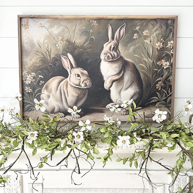 Vintage Bunny Pair Framed Wall Art | Antique Farmhouse