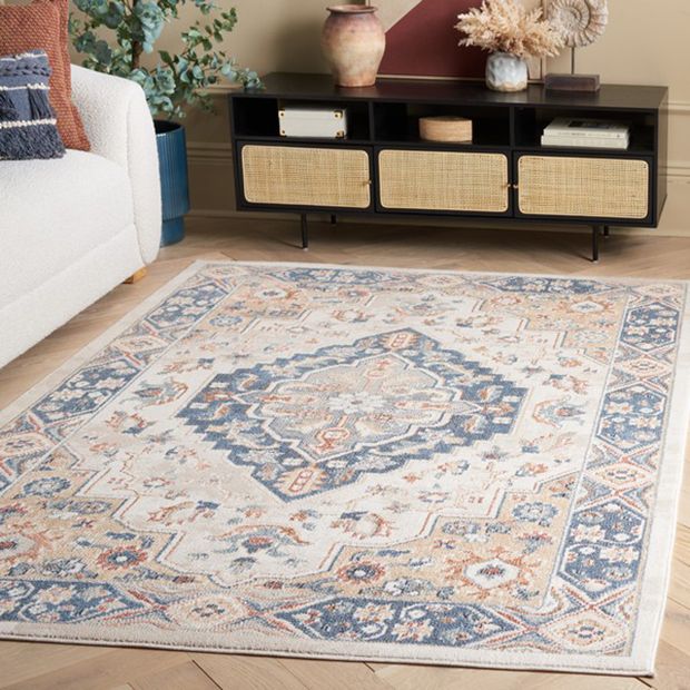 Washable Boho Ivory/Blue Area Rug | Antique Farmhouse