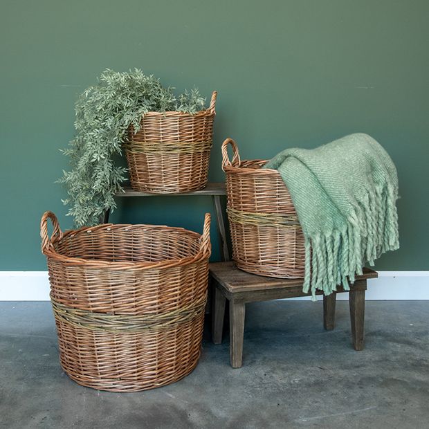 Woven Storage Basket with Green Stripe Set of 3 | Antique Farmhouse