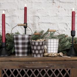 Black Plaid And Snowflake Bucket Set of 3 | Antique Farmhouse