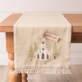 Church Applique Fringed Table Runner | Antique Farmhouse