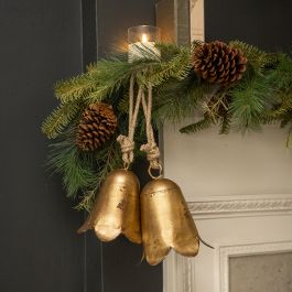 Rope Hanging Scalloped Gold Bells Set of 2 | Antique Farmhouse