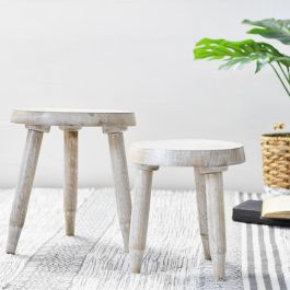 Round Whitewash Wood Stools Set of 2 | Antique Farmhouse