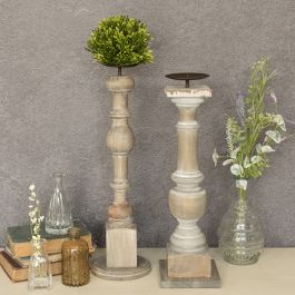 Rustic Wood Pillar Candle Holder Set of 2 | Antique Farmhouse