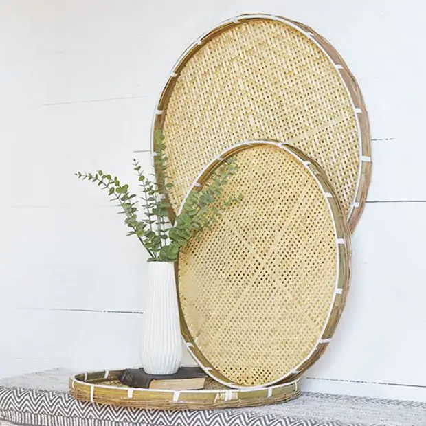 Decorative Round Bamboo Tray Collection Set of 3 Antique Farmhouse