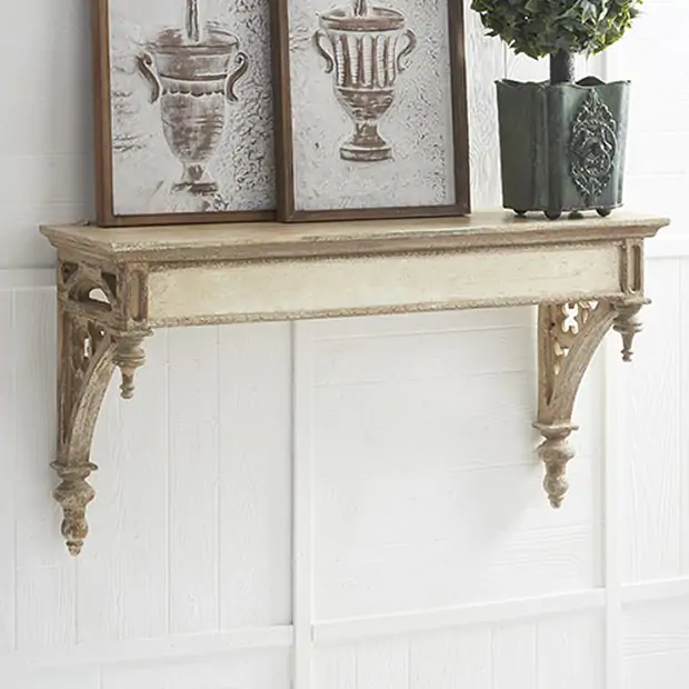 Whitewashed Wood Ornate Wall Shelf Antique Farmhouse