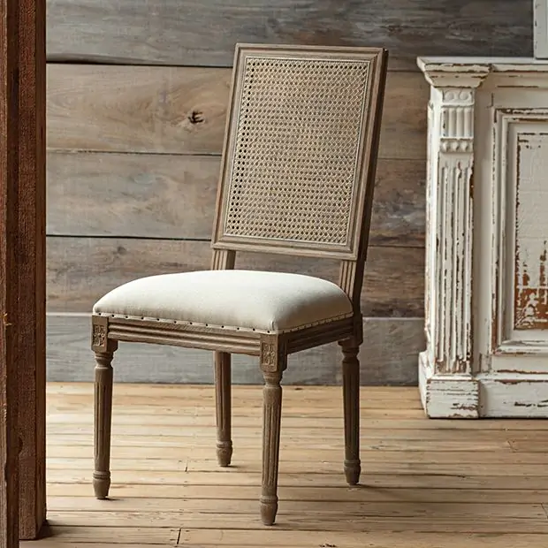 Country Cane Back Cushioned Dining Chair Set of 2 Antique Farmhouse