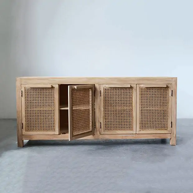 Cane Door Mango Wood Sideboard Cabinet Antique Farmhouse