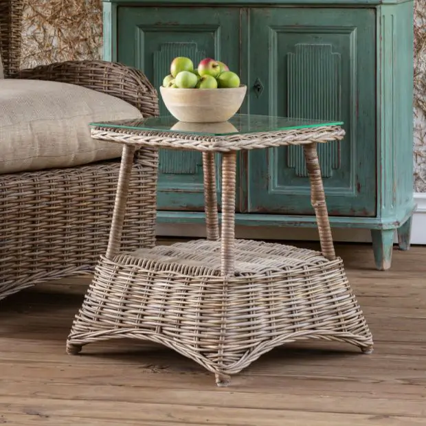 Cottage Rattan Side Table Antique Farmhouse