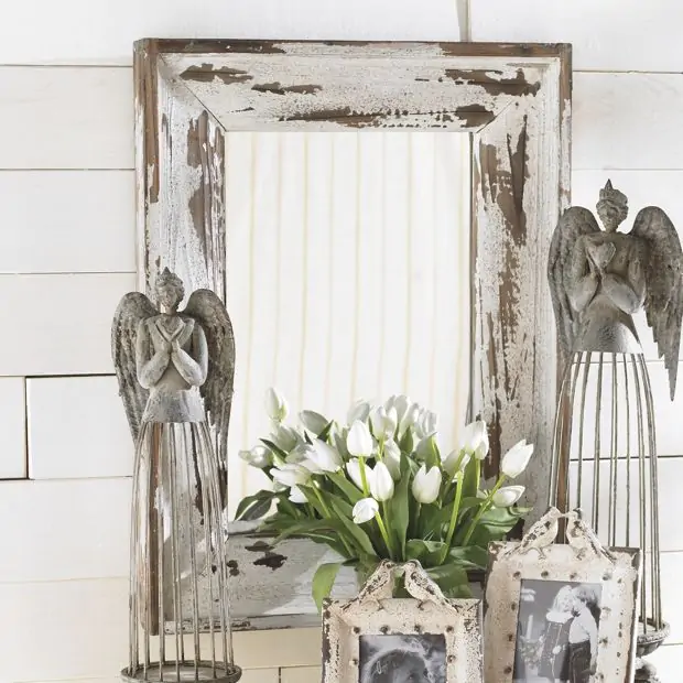 white distressed rectangular mirror