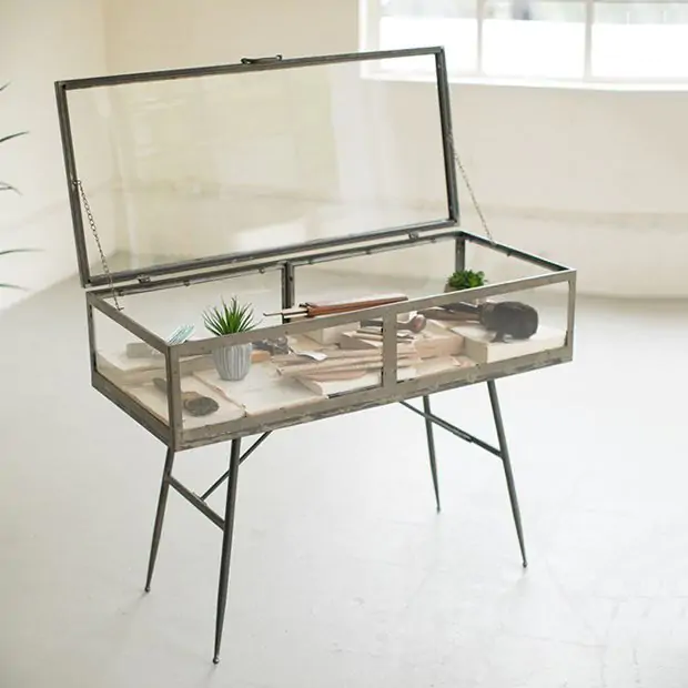 Hinged Top Metal and Glass Display Case Antique Farmhouse
