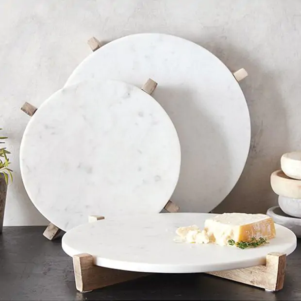 Round Marble Tray With Wood Stand Antique Farmhouse