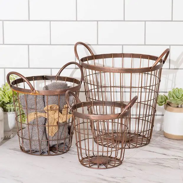 Rustic Farmhouse Handled Metal Storage Baskets Set of 3 Antique Farmhouse